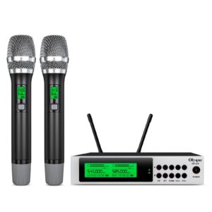 olyque wireless microphones, all metal dynamic professional uhf dual handheld cordless microphone, auto scan, 300ft for parties, events and church(hp-619)