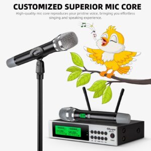 olyque Wireless Microphones, All Metal Dynamic Professional UHF Dual Handheld Cordless Microphone, Auto Scan, 300ft for Parties, Events and Church(HP-619)