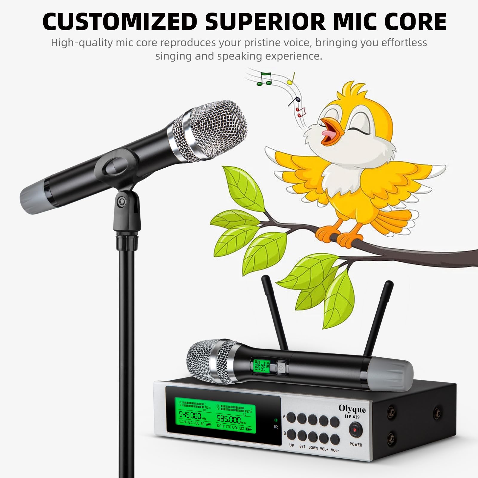 olyque Wireless Microphones, All Metal Dynamic Professional UHF Dual Handheld Cordless Microphone, Auto Scan, 300ft for Parties, Events and Church(HP-619)