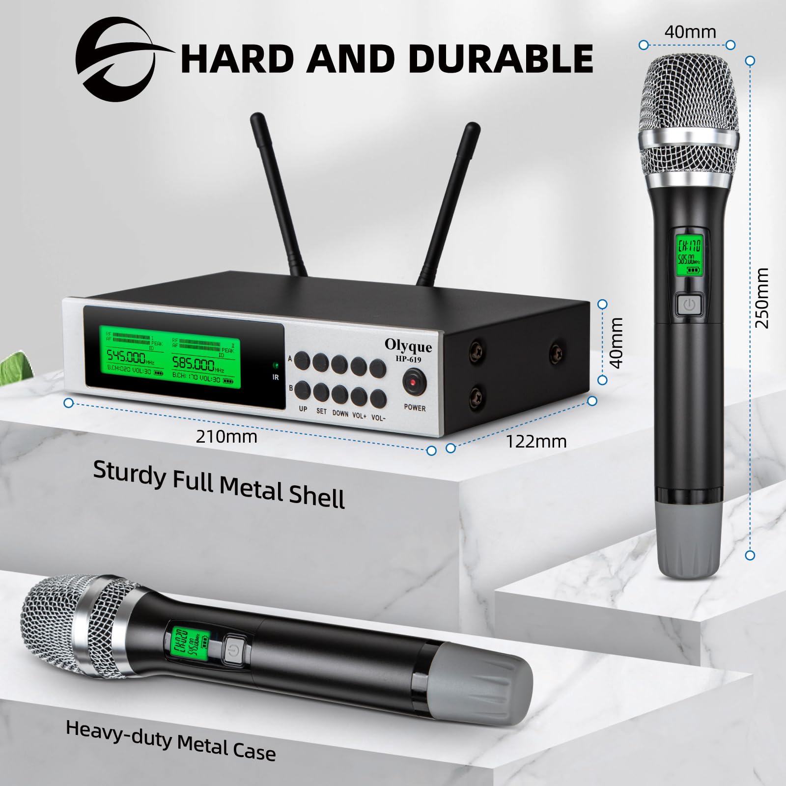 olyque Wireless Microphones, All Metal Dynamic Professional UHF Dual Handheld Cordless Microphone, Auto Scan, 300ft for Parties, Events and Church(HP-619)