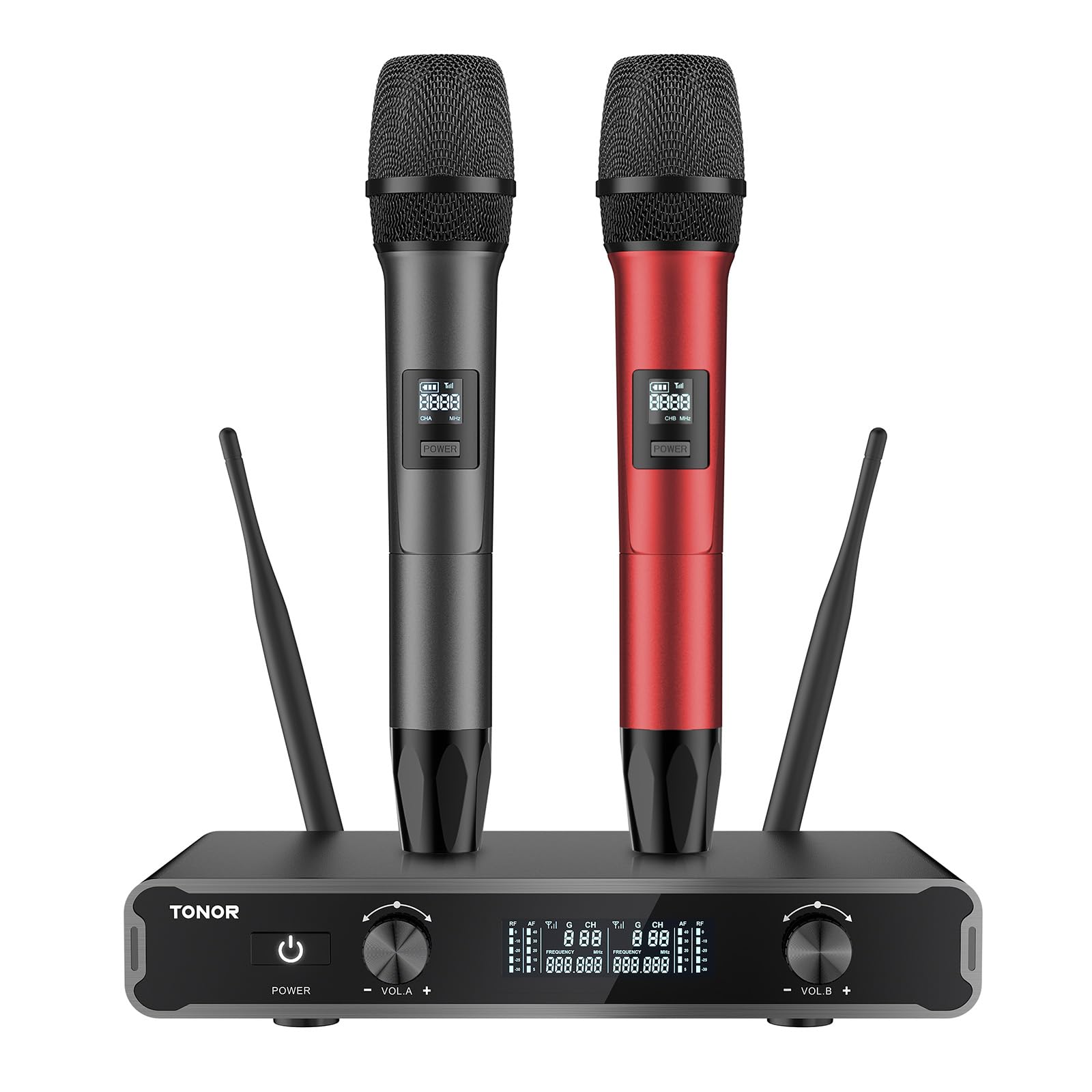 TONOR Wireless Microphone Systems, Dual 2x15 adjustbale UHF Channels Micro Kit, Metal Handheld Dynamic Singing Mic 200ft with Receiver for Karaoke, DJ Party, Church, Wedding, Speech, PA TW450 Grey&Red