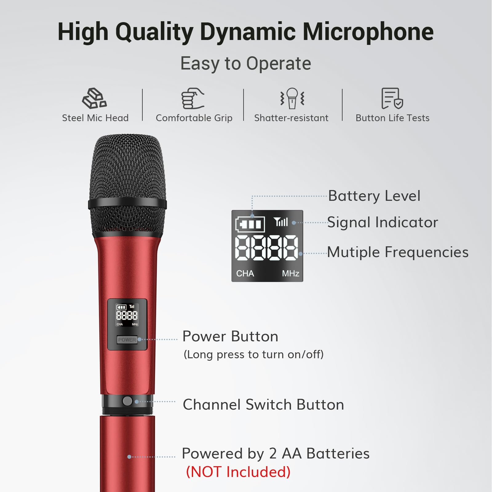 TONOR Wireless Microphone Systems, Dual 2x15 adjustbale UHF Channels Micro Kit, Metal Handheld Dynamic Singing Mic 200ft with Receiver for Karaoke, DJ Party, Church, Wedding, Speech, PA TW450 Grey&Red