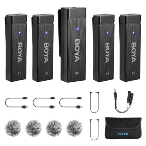 boya by-w4 wireless lavalier microphones for cameras camcorder dslr computer, 7h battery life, 98ft transmission, wireless lapel mic for video recording vlog live streaming