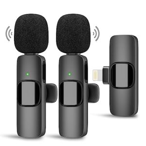 pop voice 2pcs wireless lavalier microphone for iphone/ipad dual cordless clip-on mics lapel lav mic for iphone video recording omni condenser rechargeable noise reduction vlog interview youtube 66ft