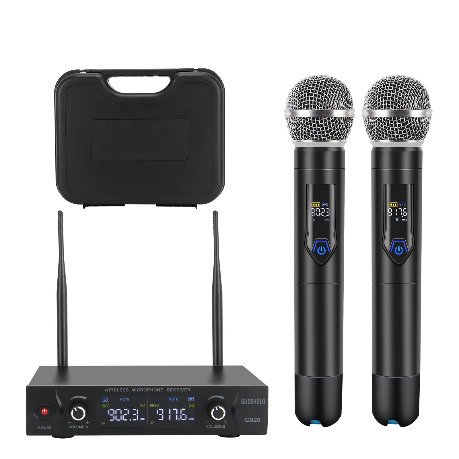 GUDEHOLO Wireless Microphone System with case, Metal UHF Dual Handheld 20 Channels Professional Cordless Mic System for Church, DJ, Karaoke,Wedding, Home KTV Set