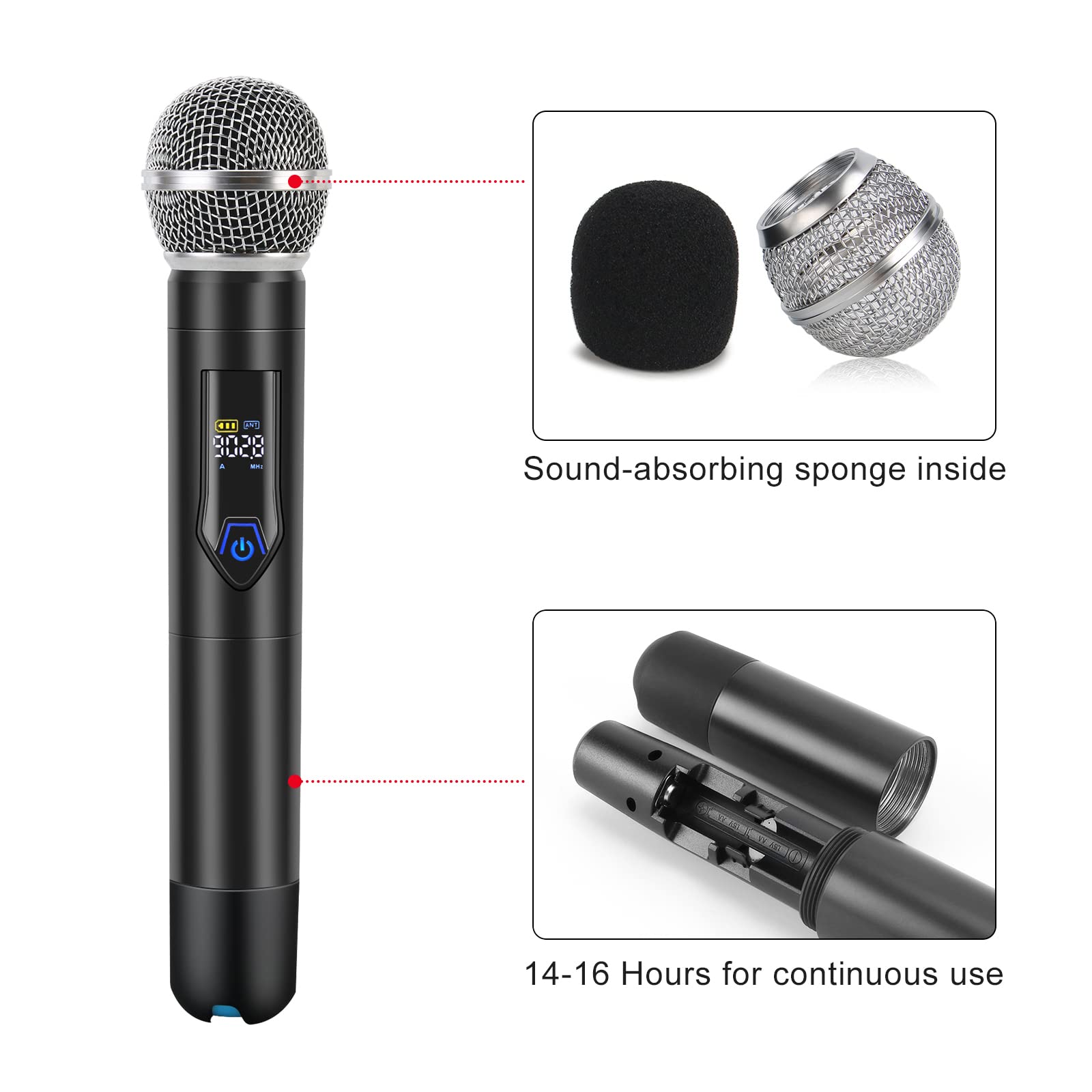 GUDEHOLO Wireless Microphone System with case, Metal UHF Dual Handheld 20 Channels Professional Cordless Mic System for Church, DJ, Karaoke,Wedding, Home KTV Set