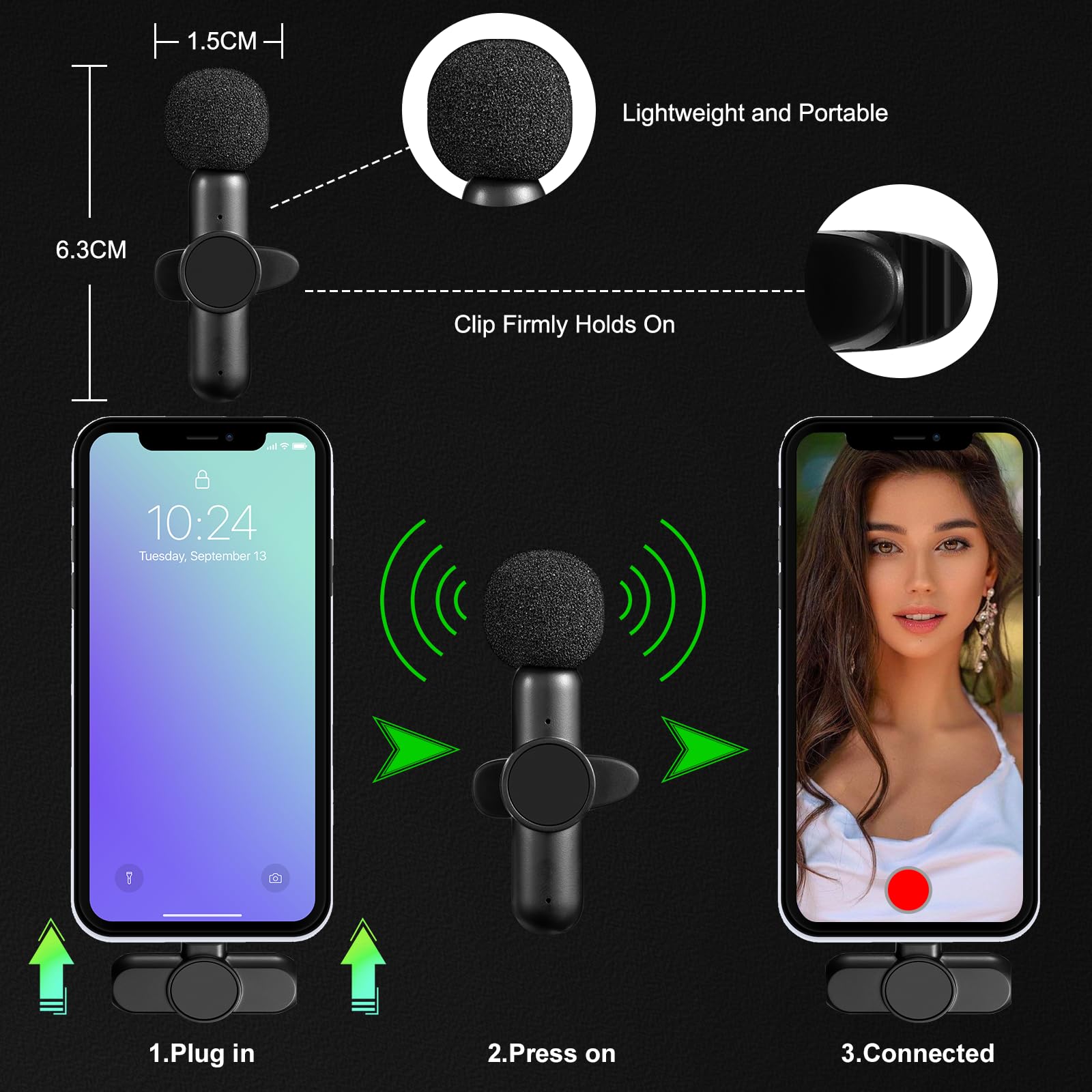 LSTECICE Wireless Lavalier Microphone, 2 Pack, iPhone, iPad, Professional Denoise Plug-Play Microphone for Recording, YouTube, Interviews, TikTok, Live Stream, Vlog, Facebook