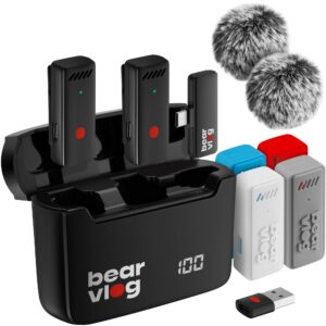 bearvlog wireless microphones for android - 2 portable lavalier microphone with noise reduction | lapel microphone wireless for vlogging and recording| compatible with android and iphone 15