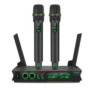 aveek wireless microphone system, dual uhf cordless microphones set, 200ft range handheld karaoke microphones with receiver for singing, speech, party, church, dj, wedding,