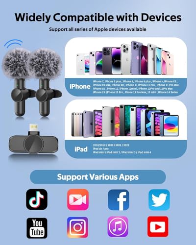 PUSEALON 2 Pack Wireless Lavalier Microphone for iPhone iPad, Plug-Play Professional Tiny Cordless Lapel Microphone Wireless, Wireless Mic for Recording Interview Vlog Livestream