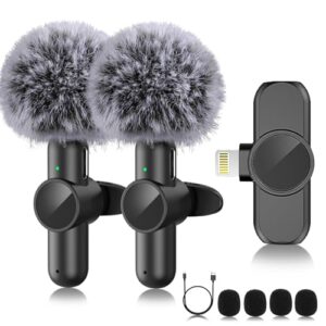 PUSEALON 2 Pack Wireless Lavalier Microphone for iPhone iPad, Plug-Play Professional Tiny Cordless Lapel Microphone Wireless, Wireless Mic for Recording Interview Vlog Livestream