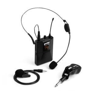 gemini sound gmu-hsl100 professional wireless headset lavalier rechargeable battery powered microphone with instant plug & play connectivity for dj's, singers, public speakers with body pack