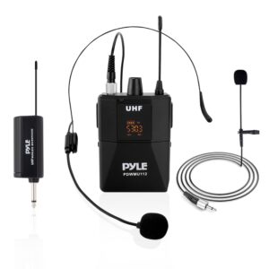 pyle uhf wireless microphone system kit - portable professional cordless microphone set with headset, lavalier, beltpack transmitter, receiver - karaoke & conference