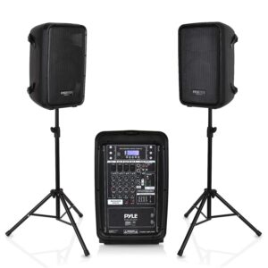 pyle pa speaker dj mixer bundle - 300 w portable wireless bluetooth sound system w/ usb sd xlr 1/4" rca inputs - dual speaker, mixer, microphone, stand, cable - home/outdoor party - pphp28amx,black