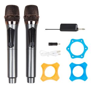 wireless microphone, uhf dual cordless metal dynamic mic system with rechargeable receiver, for karaoke, church, speech, wedding, party singing,class(200 ft range)-auto connect