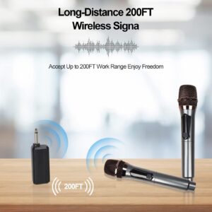 Wireless Microphone, UHF Dual Cordless Metal Dynamic Mic System with Rechargeable Receiver, for Karaoke, Church, Speech, Wedding, Party Singing,Class(200 ft Range)-Auto Connect