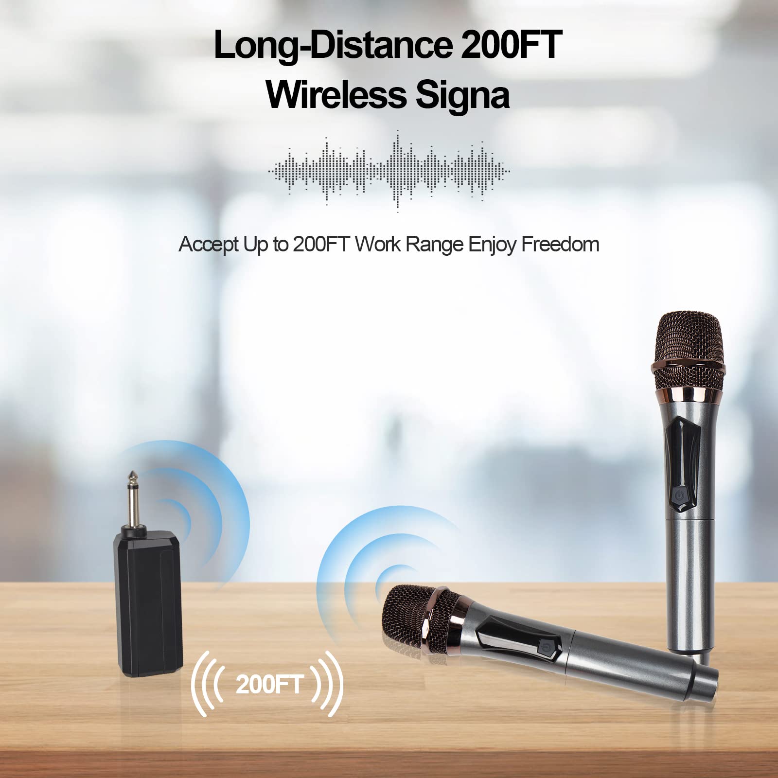 Wireless Microphone, UHF Dual Cordless Metal Dynamic Mic System with Rechargeable Receiver, for Karaoke, Church, Speech, Wedding, Party Singing,Class(200 ft Range)-Auto Connect