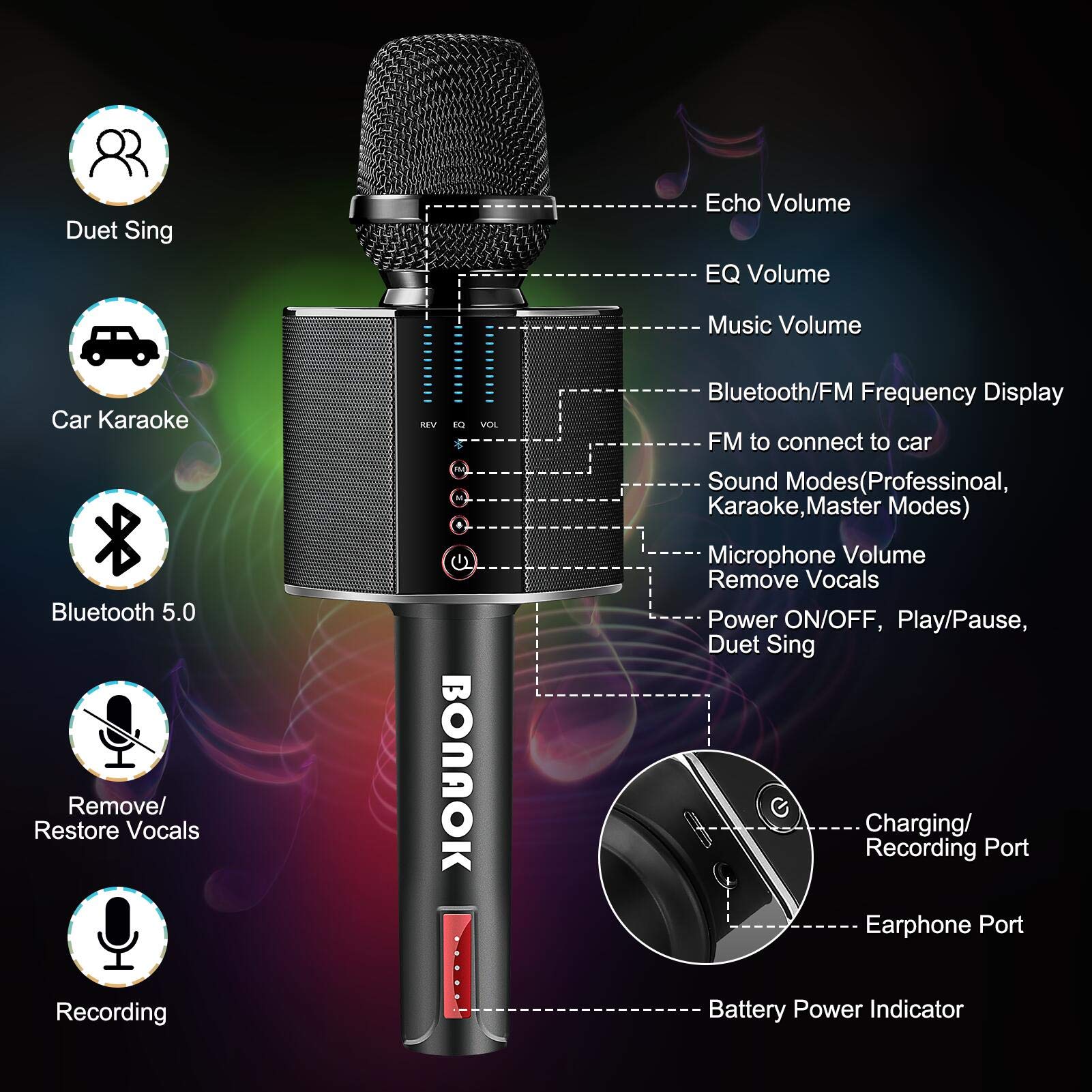 BONAOK Karaoke Microphone, Portable Wireless Bluetooth Karaoke Mic for Adults&Kids Car Home Outdoor Party, Karaoke Machine for PC/All Smartphone G50 Black