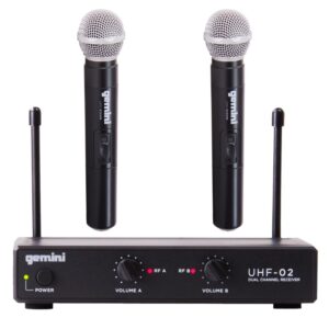 gemini uhf-02m s12 dual wireless handheld microphone system - ch 1 & 2 - dj, karaoke, and podcasting mic set