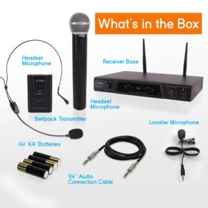 Pyle Dual Channel Wireless Microphone System - Portable VHF Audio Mic Set with Clip Lavalier lapel, Handheld, Headset, Transmitter, ¼’’ cable, power adapter - For Karaoke, PA DJ - Pyle Pro PDWM2115