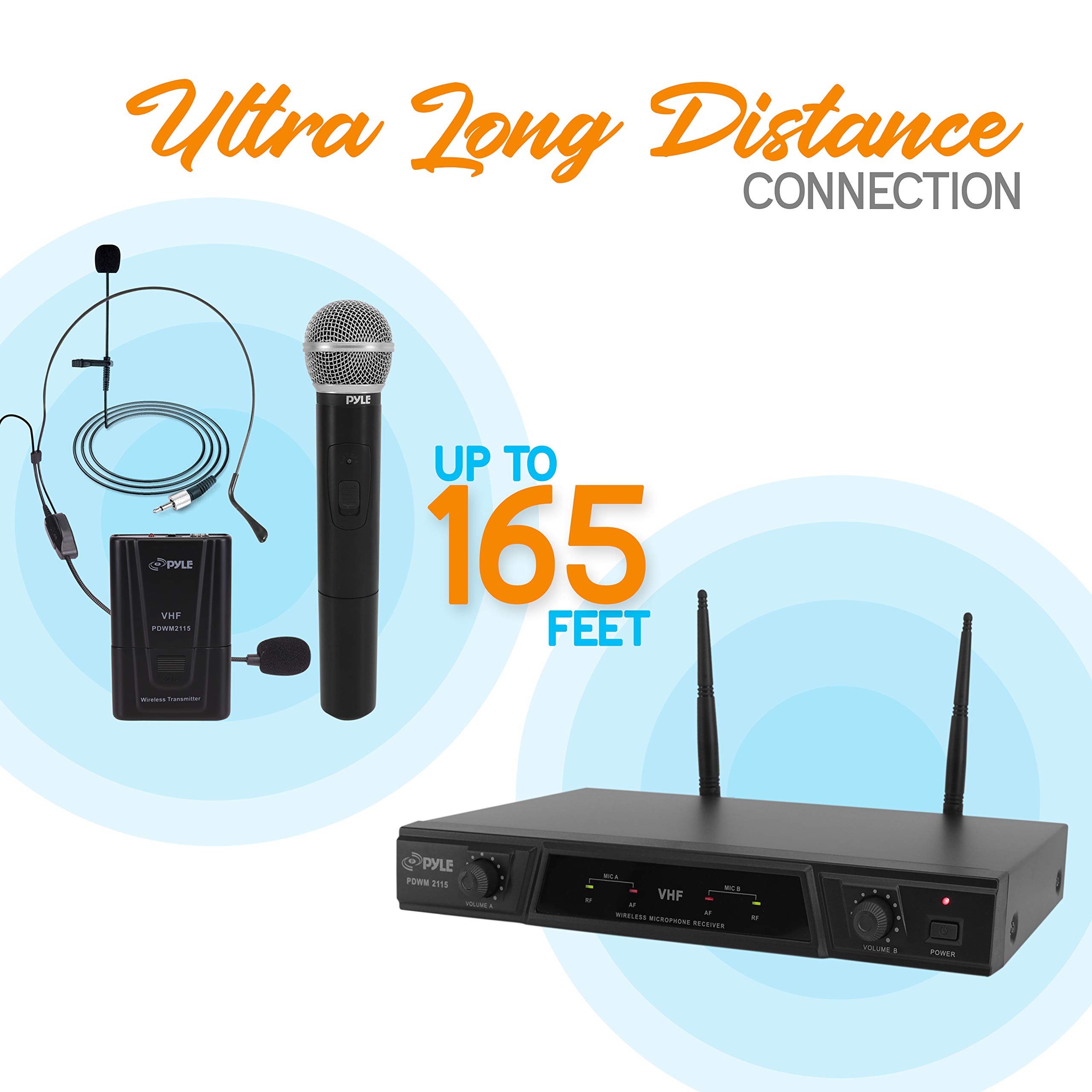 Pyle Dual Channel Wireless Microphone System - Portable VHF Audio Mic Set with Clip Lavalier lapel, Handheld, Headset, Transmitter, ¼’’ cable, power adapter - For Karaoke, PA DJ - Pyle Pro PDWM2115