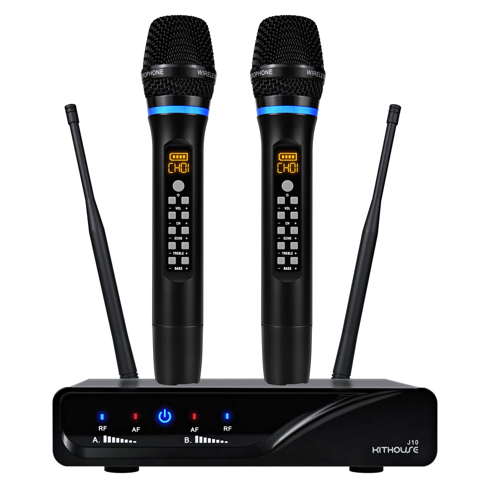 KITHOUSE J10 Wireless Microphone Karaoke System Rechargeable, UHF Metal Cordless Microphone Handheld with Volume Echo Treble BASS Control and Receiver Box for Singing Karaoke Speech Meeting