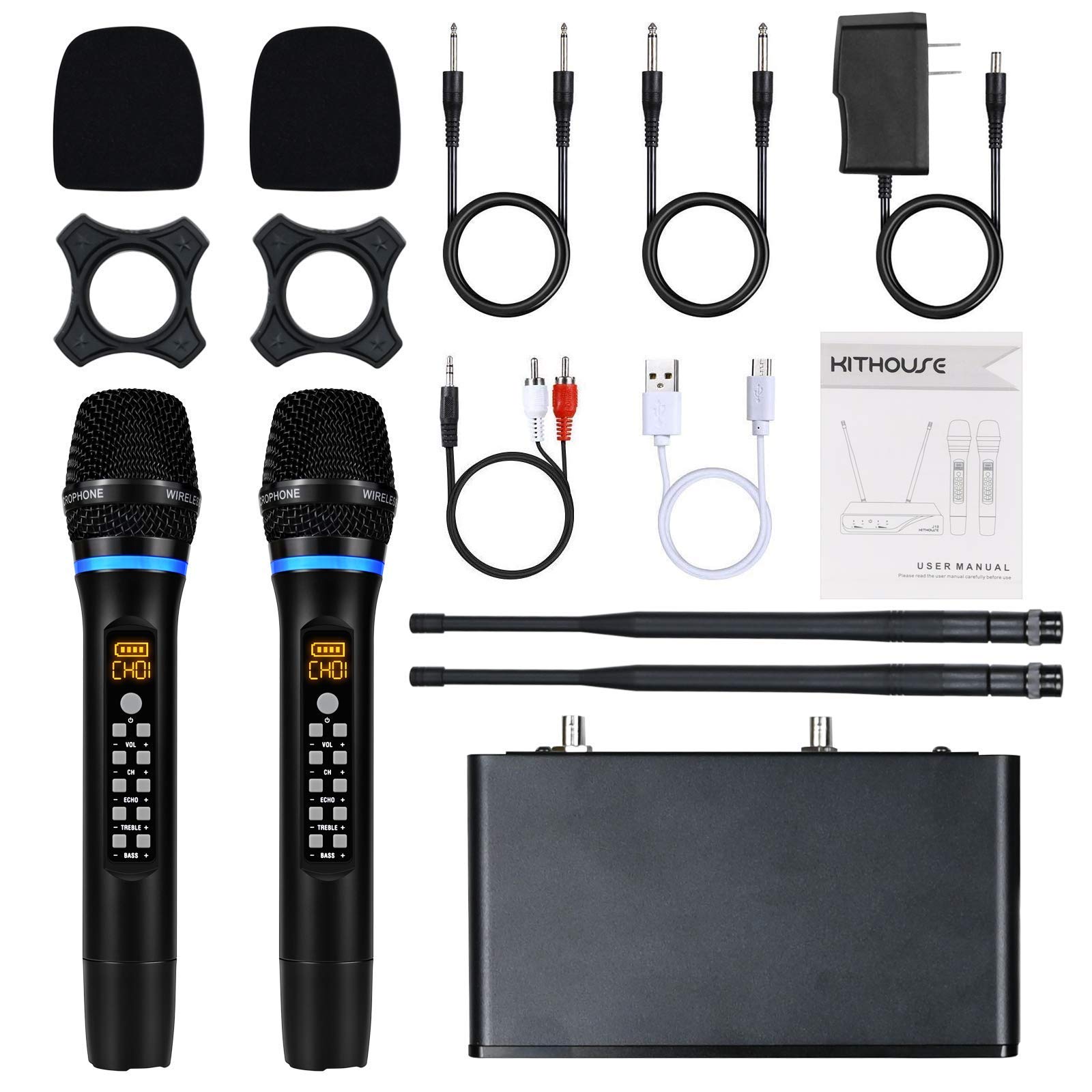 KITHOUSE J10 Wireless Microphone Karaoke System Rechargeable, UHF Metal Cordless Microphone Handheld with Volume Echo Treble BASS Control and Receiver Box for Singing Karaoke Speech Meeting