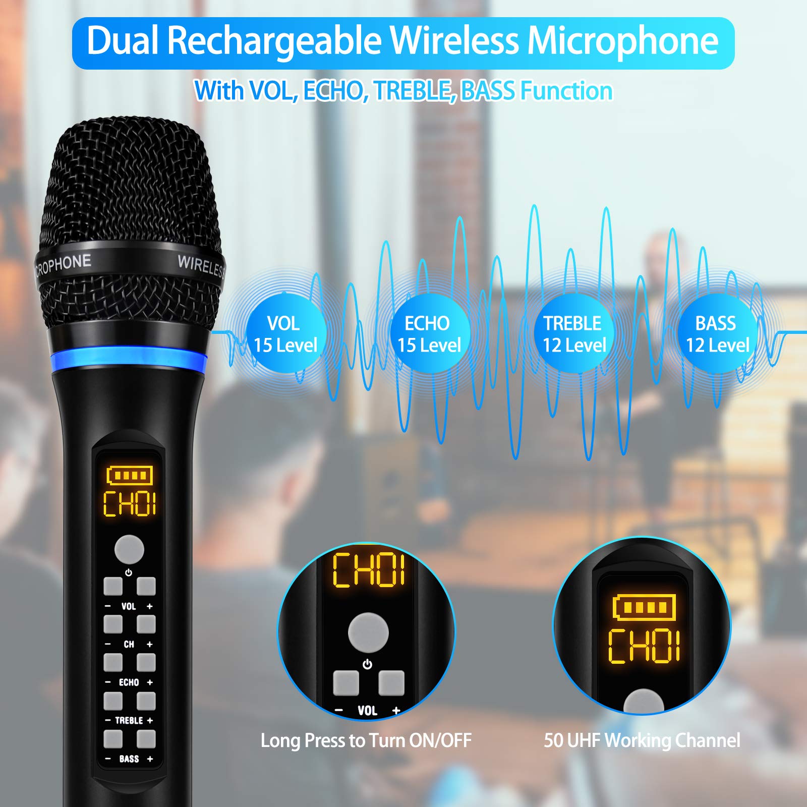 KITHOUSE J10 Wireless Microphone Karaoke System Rechargeable, UHF Metal Cordless Microphone Handheld with Volume Echo Treble BASS Control and Receiver Box for Singing Karaoke Speech Meeting