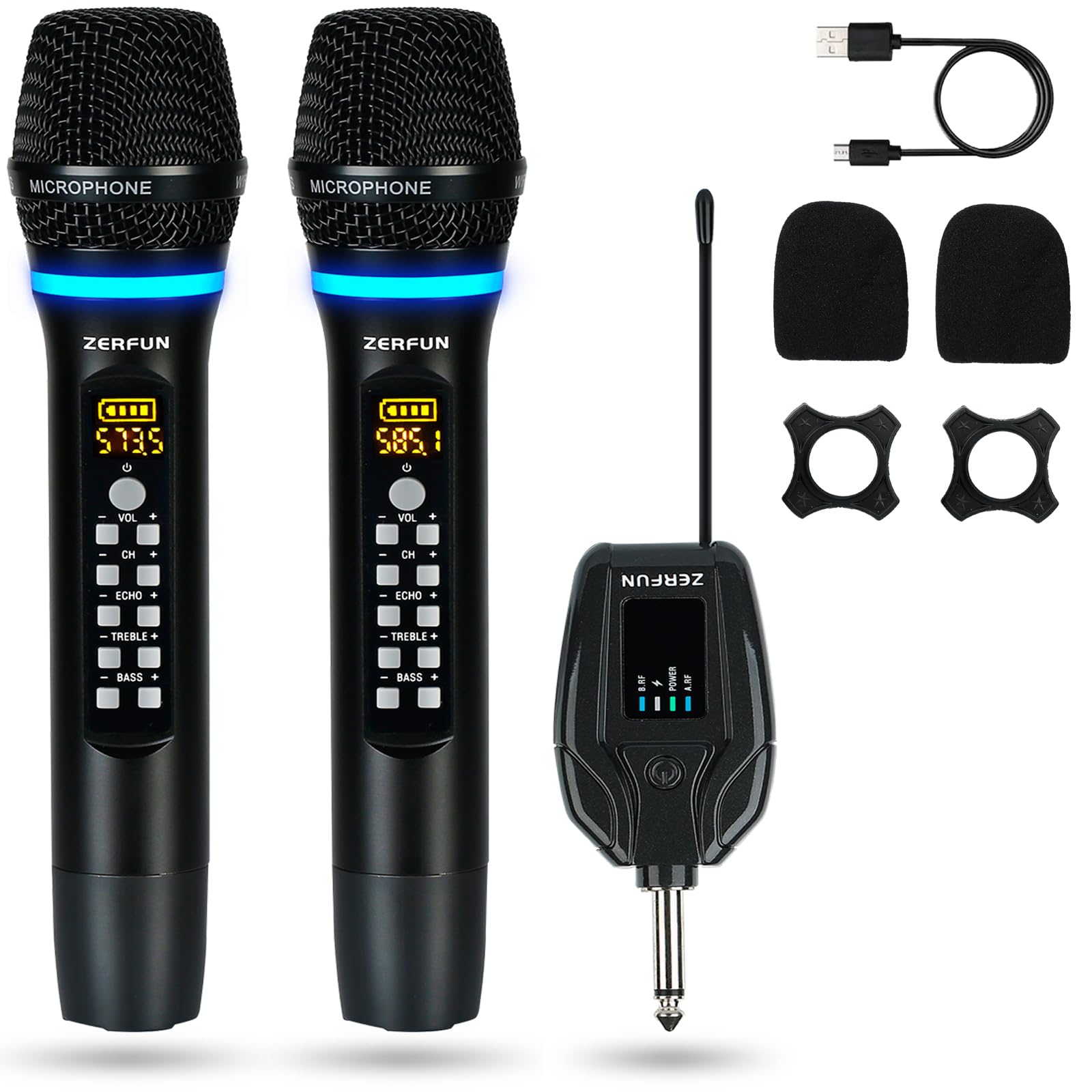 ZERFUN Rechargeable Wireless Microphones Dual, UHF Metal Cordless Mic System Professional Handheld for Karaoke Singing Church Events with Echo Treble BASS VOL Channel Control 1/4 Output (WM-2)