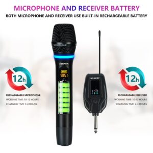 ZERFUN Rechargeable Wireless Microphones Dual, UHF Metal Cordless Mic System Professional Handheld for Karaoke Singing Church Events with Echo Treble BASS VOL Channel Control 1/4 Output (WM-2)