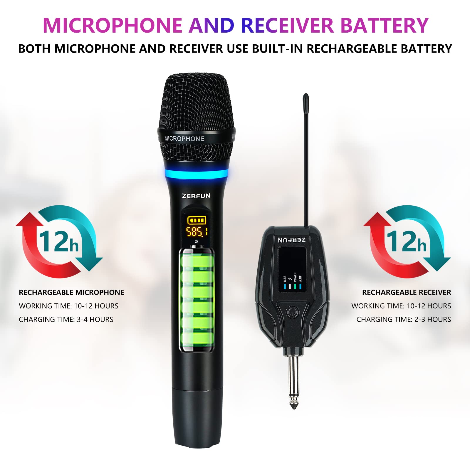 ZERFUN Rechargeable Wireless Microphones Dual, UHF Metal Cordless Mic System Professional Handheld for Karaoke Singing Church Events with Echo Treble BASS VOL Channel Control 1/4 Output (WM-2)