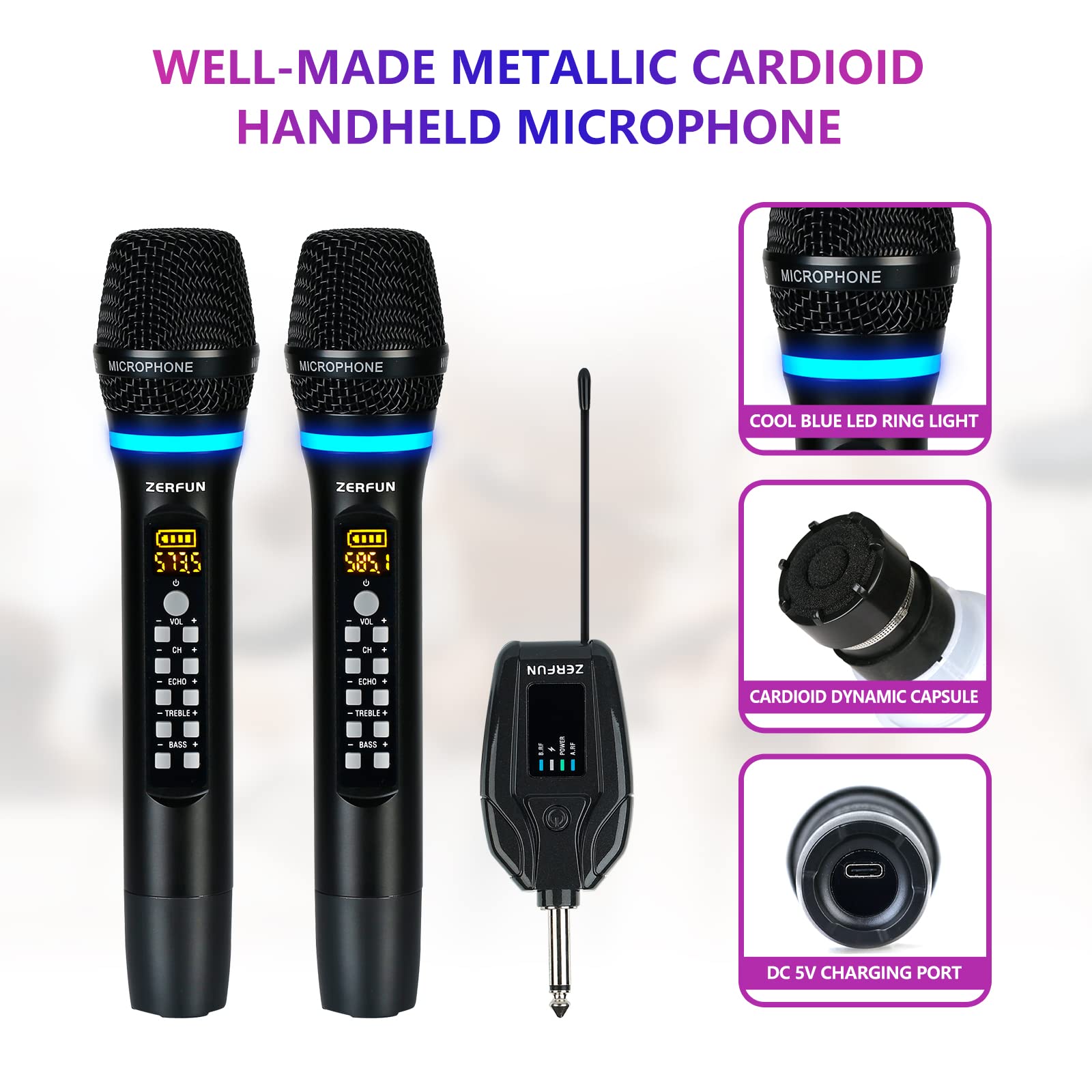 ZERFUN Rechargeable Wireless Microphones Dual, UHF Metal Cordless Mic System Professional Handheld for Karaoke Singing Church Events with Echo Treble BASS VOL Channel Control 1/4 Output (WM-2)