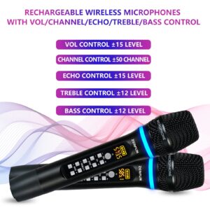 ZERFUN Rechargeable Wireless Microphones Dual, UHF Metal Cordless Mic System Professional Handheld for Karaoke Singing Church Events with Echo Treble BASS VOL Channel Control 1/4 Output (WM-2)