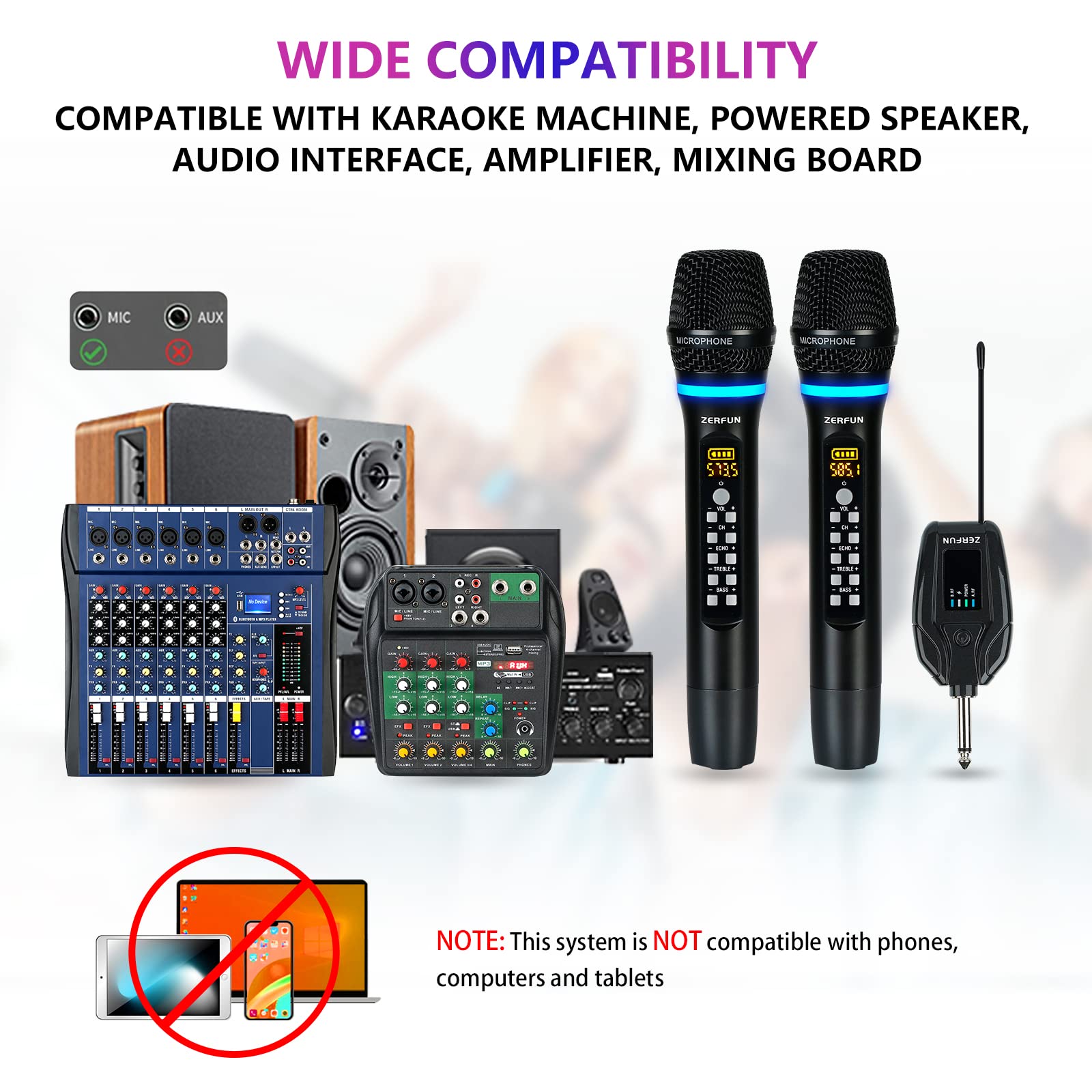 ZERFUN Rechargeable Wireless Microphones Dual, UHF Metal Cordless Mic System Professional Handheld for Karaoke Singing Church Events with Echo Treble BASS VOL Channel Control 1/4 Output (WM-2)