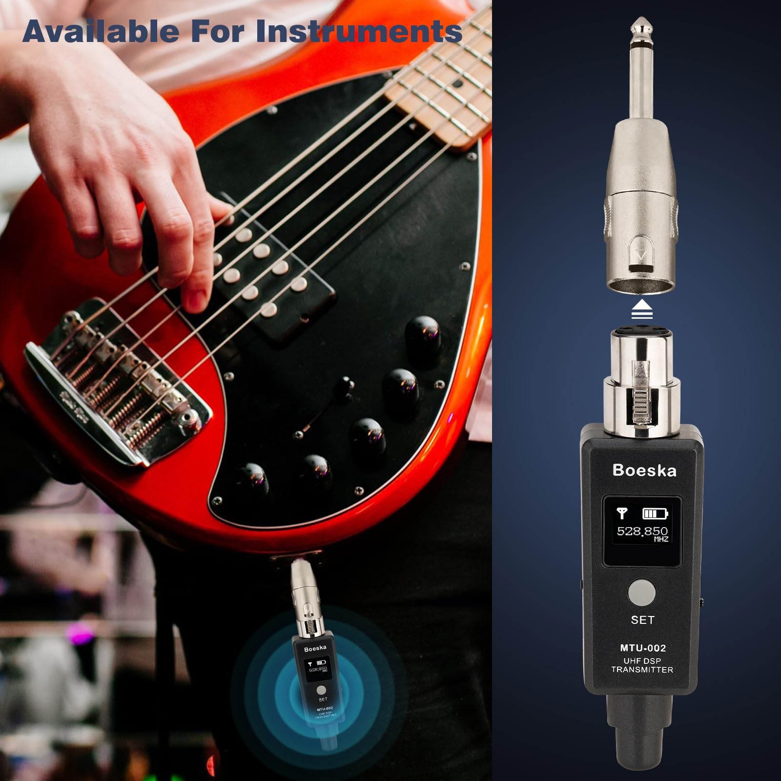 Wireless XLR Transmitter and Receiver, UHF XLR Adapter System for Dynamic Microphone Guitar, 48k Sampling Frequency, 100 Feet Range