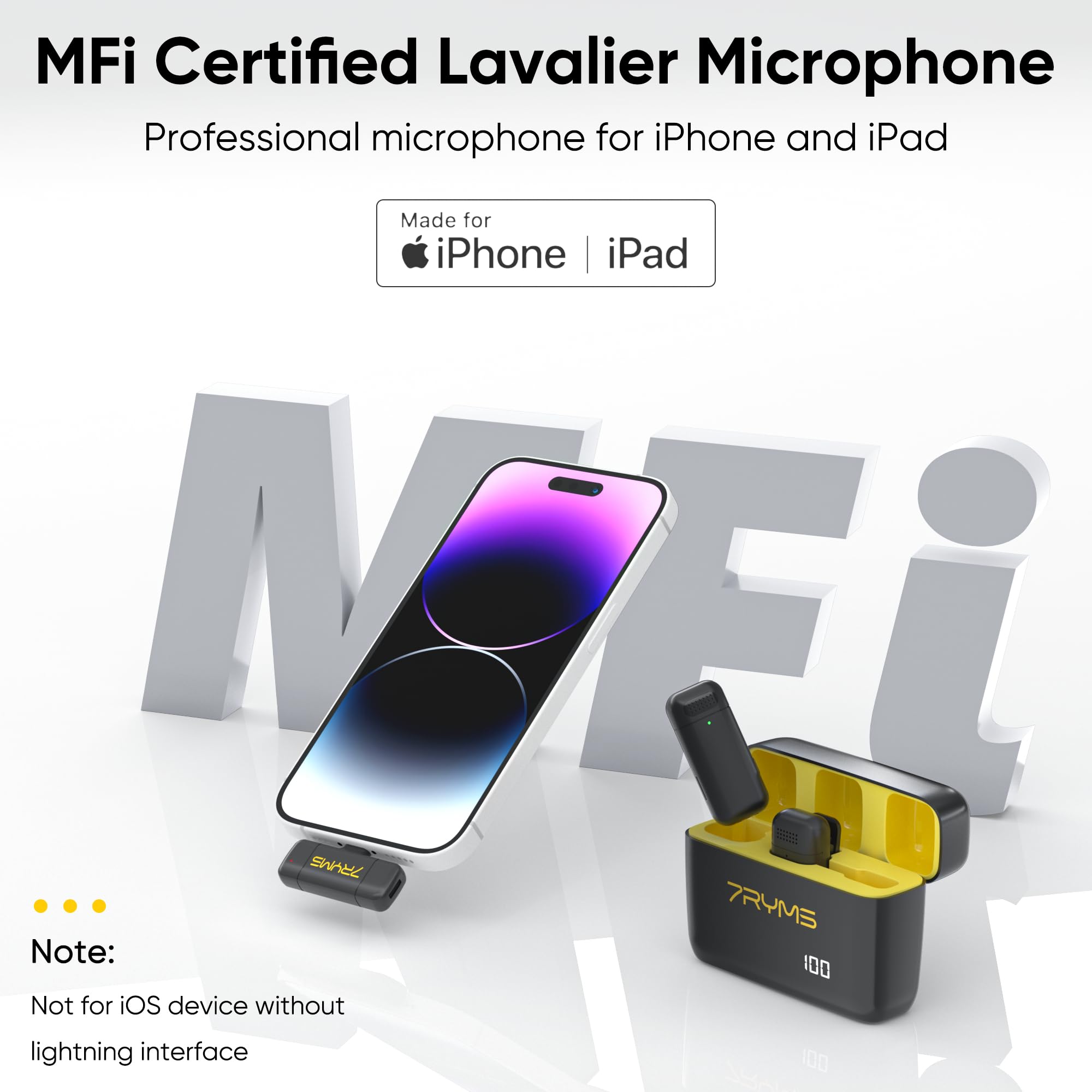 7RYMS Rimo S1 Wireless Lavalier Microphone for iPhone - MFI Certified iPhone Microphone for Video Recording with Noise Cancellation, Charging Case, 8H Battery Life, Mini Wireless Mic