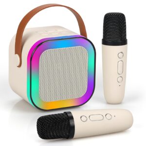 vebach karaoke machine for kids adults,mini portable blue-tooth karaoke speaker with 2 wireless microphones and dynamic lights,birthday gift,home ktv,outdoor,travel(beige)