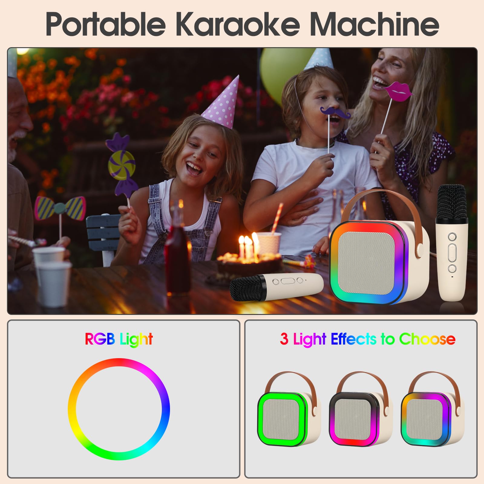 Vebach Karaoke Machine for Kids Adults,Mini Portable Blue-Tooth Karaoke Speaker with 2 Wireless Microphones and Dynamic Lights,Birthday Gift,Home KTV,Outdoor,Travel(Beige)