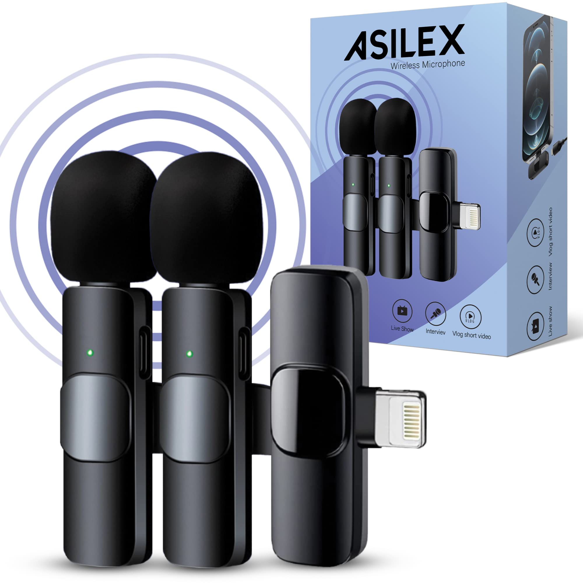 ASILEX Wireless Microphone for iPhone, 2 PCS Mini Microphone, iPhone Microphone for Video Recording, Wireless Lavalier Mic iPhone, Professional Wireless Lapel Microphone