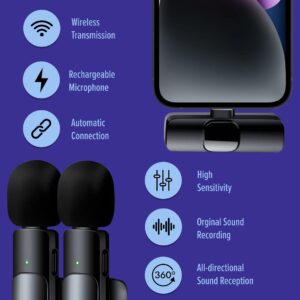 ASILEX Wireless Microphone for iPhone, 2 PCS Mini Microphone, iPhone Microphone for Video Recording, Wireless Lavalier Mic iPhone, Professional Wireless Lapel Microphone