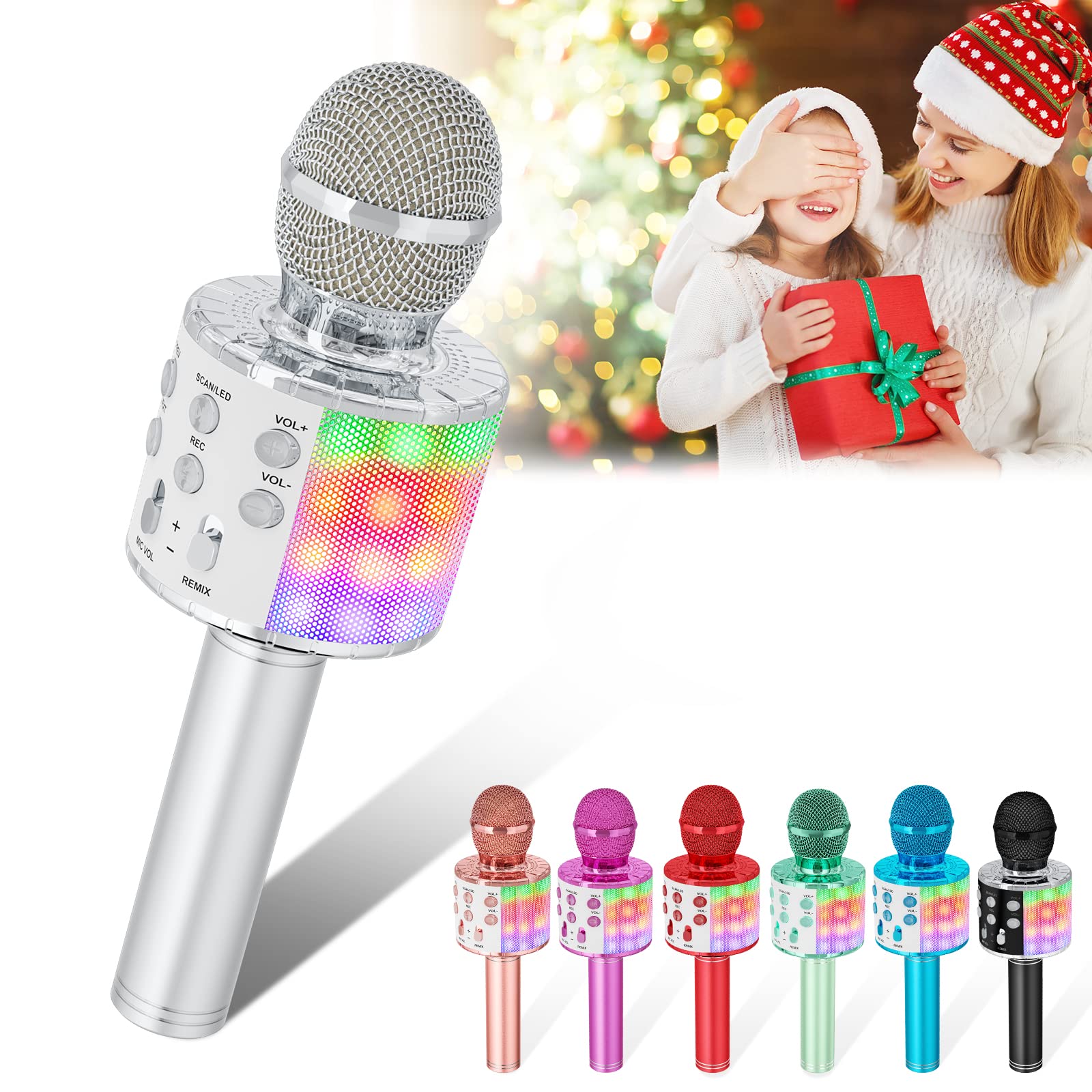 Verkstar Karaoke Microphone, 5-in-1 Wireless Bluetooth Karaoke Mic for Adults Kids, Handheld Mics Speaker with LED Lights,Christmas Birthday Gifts for All Ages