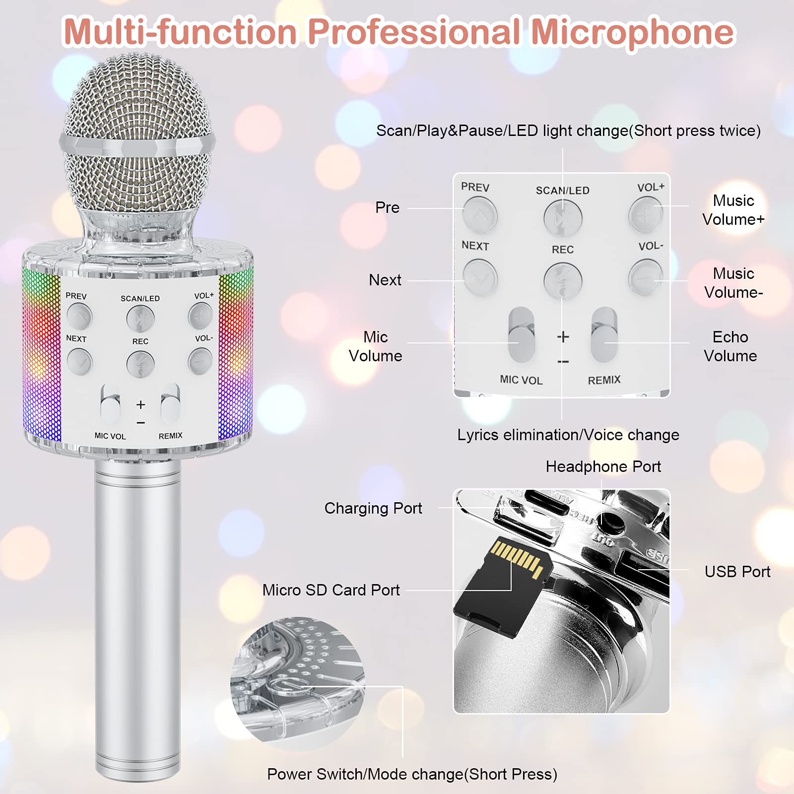 Verkstar Karaoke Microphone, 5-in-1 Wireless Bluetooth Karaoke Mic for Adults Kids, Handheld Mics Speaker with LED Lights,Christmas Birthday Gifts for All Ages