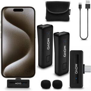 movo wireless mini usb-c duo wireless microphone for iphone 15 - ultracompact bluetooth microphone for iphone 15 with clip on wireless lavalier microphone for iphone 15