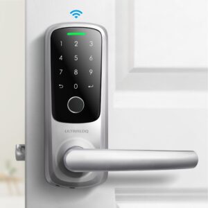 ULTRALOQ Latch 5 World's First Built-in WiFi Smart Lock with Fingerprint ID, 5-in-1 Keyless Entry Door Lock, Keypad Door Handle Lock, Smart Lever Door Lock for Front Door, Satin Nickel