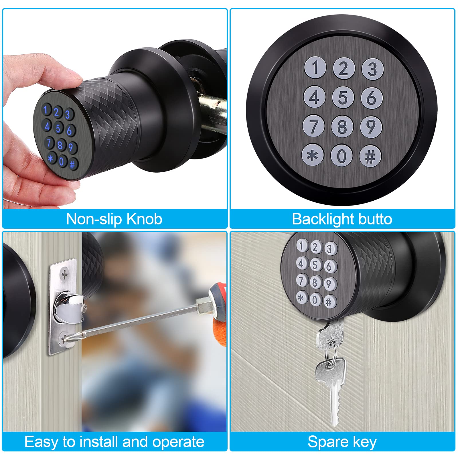 FITNATE Door Knob with Keypad,Digital Door Lock for Keyless Entry,Electronic Door Lock with Spare Keys,Auto Lock, Anti-Slip Handle, Easy to Install for Bedroom,Home and Office