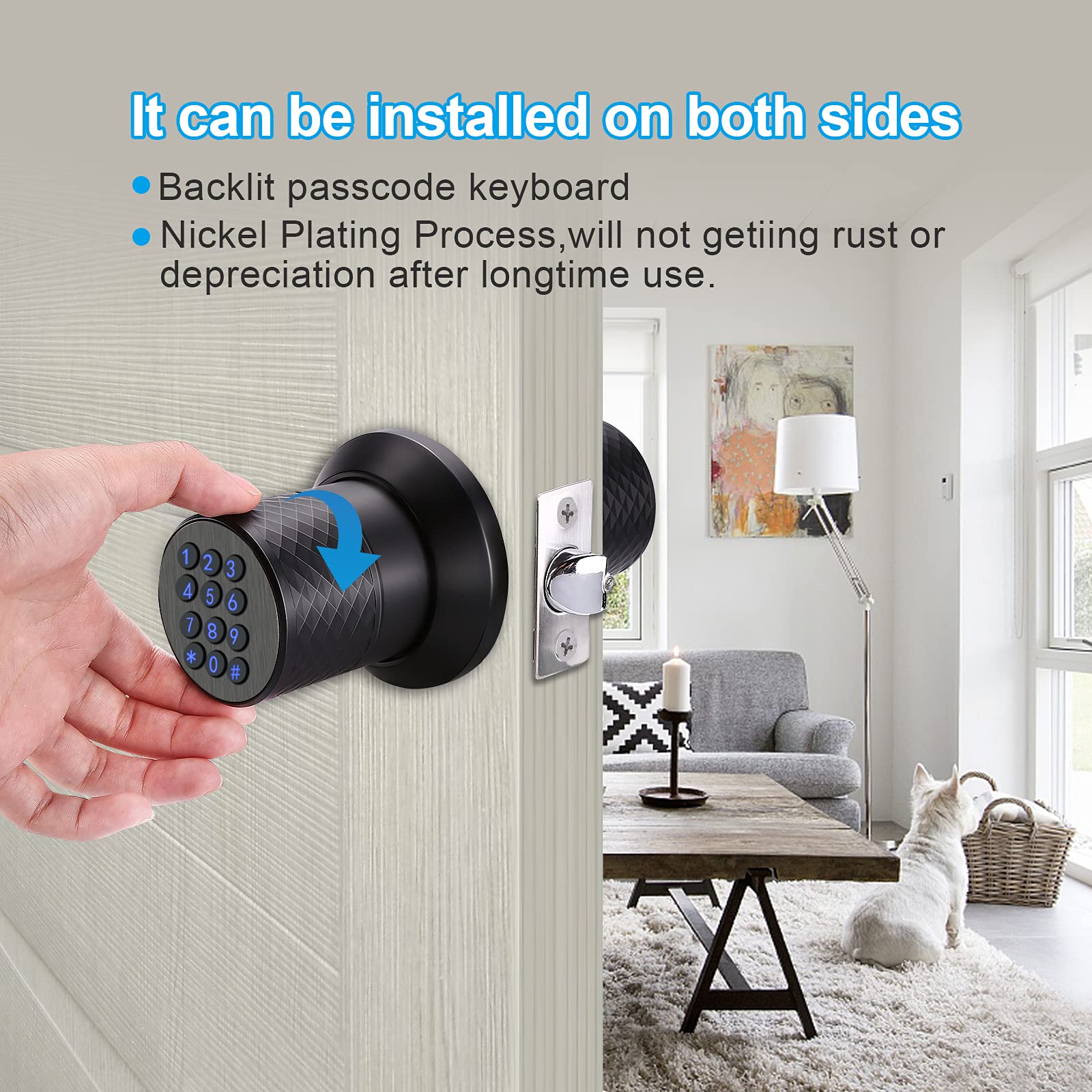 FITNATE Door Knob with Keypad,Digital Door Lock for Keyless Entry,Electronic Door Lock with Spare Keys,Auto Lock, Anti-Slip Handle, Easy to Install for Bedroom,Home and Office