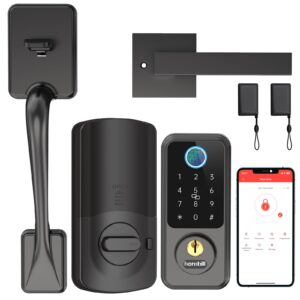 hornbill smart lock with front door handle set - keyless entry door lock with handleset - smart deadbolt door lock for front door - bluetooth door lock with keypad - fingerprint biometric auto lock