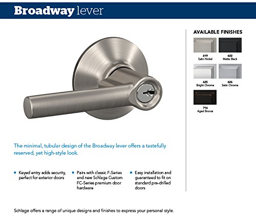 SCHLAGE F51A BRW 622 COL Broadway Lever with Collins Trim Keyed Entry Lock, Matte Black