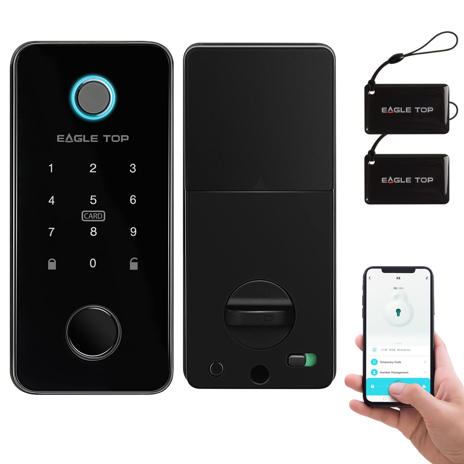 Smart Lock, eagletop 6-in-1 Keyless Entry Door Lock for Front Door, Electronic Door Lock with Biometric Fingerprint, App, IC Cards, Auto Lock, Finger Print Lock on Door for Home, Apartment (black)