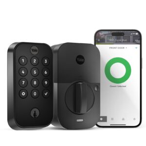 yale assure lock 2 with wi-fi, black connected keypad smart lock for front door or back, door lock with code and back-up key, yrd410-wf1-bsp